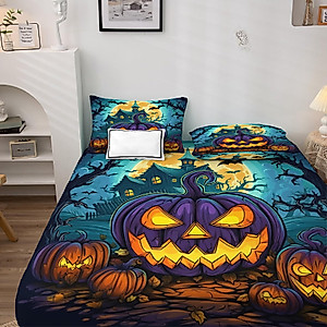 Halloween Sheets Full Size, Pumpkin Castle Dead Tree Bed Sheets, Patterned Bedding Sheets & Pillowcases 4 Piece Set - Soft Microfiber Deep Pocket Fitted Sheet & Flat Sheet & 2 Pillow Cases L6-&-4