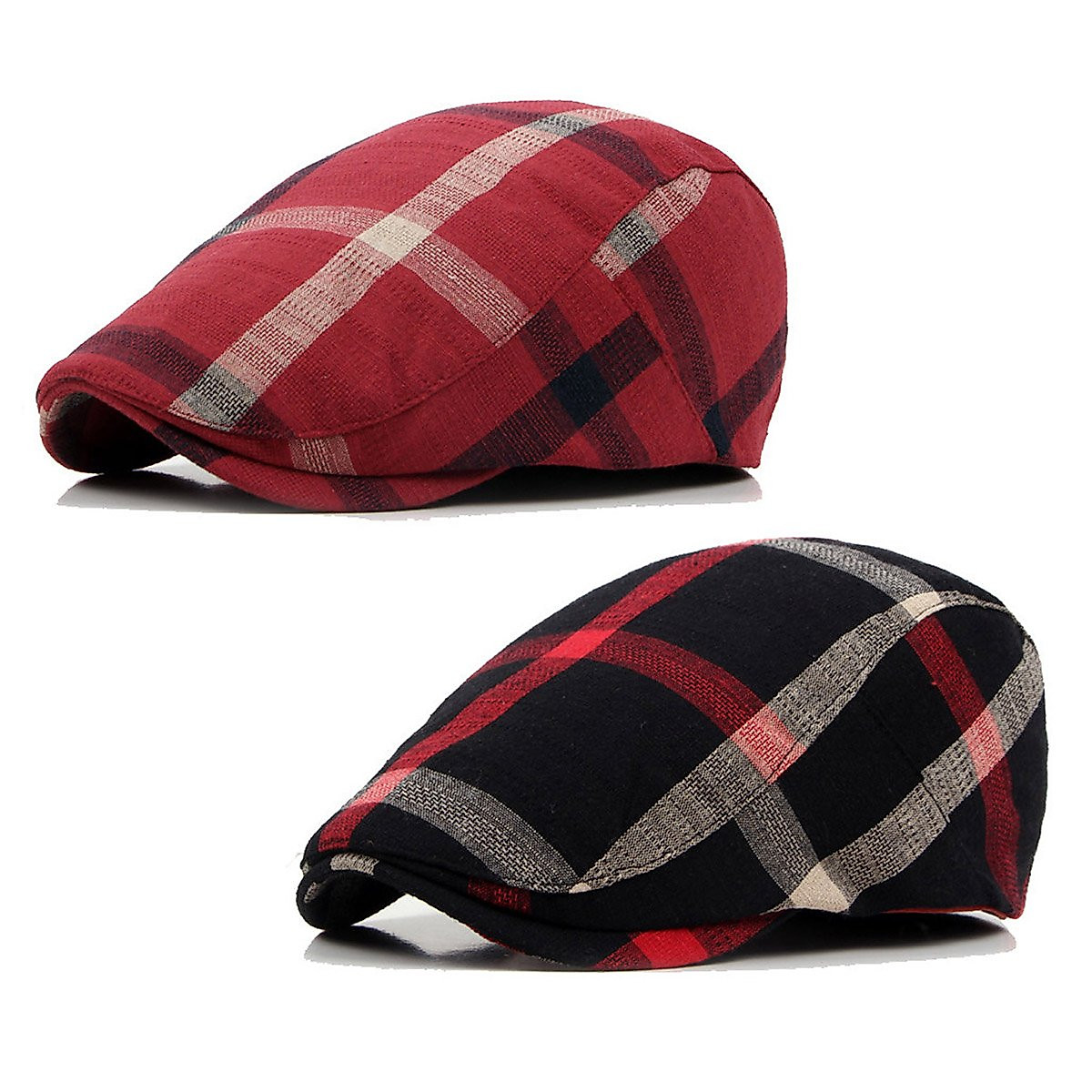 ZLSLZ 2 Pack Men's Plaid Cotton Flat Newsboy Ivy Cabbie Golf Gatsby Cap Hat Red Black