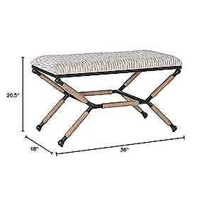 Linon Anna Campaign Accent Bench Metal Legs with Rope Detail in Cream Stripe