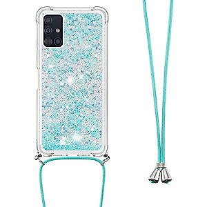 HOUSON for Samsung Galaxy A51 4G Case, Moving Liquid Holographic Sparkle Glitter Case with Crossbody Lanyard Strap, Girls Women Bling Diamond Ring Slim Protective Case for Galaxy A51 4G Blue