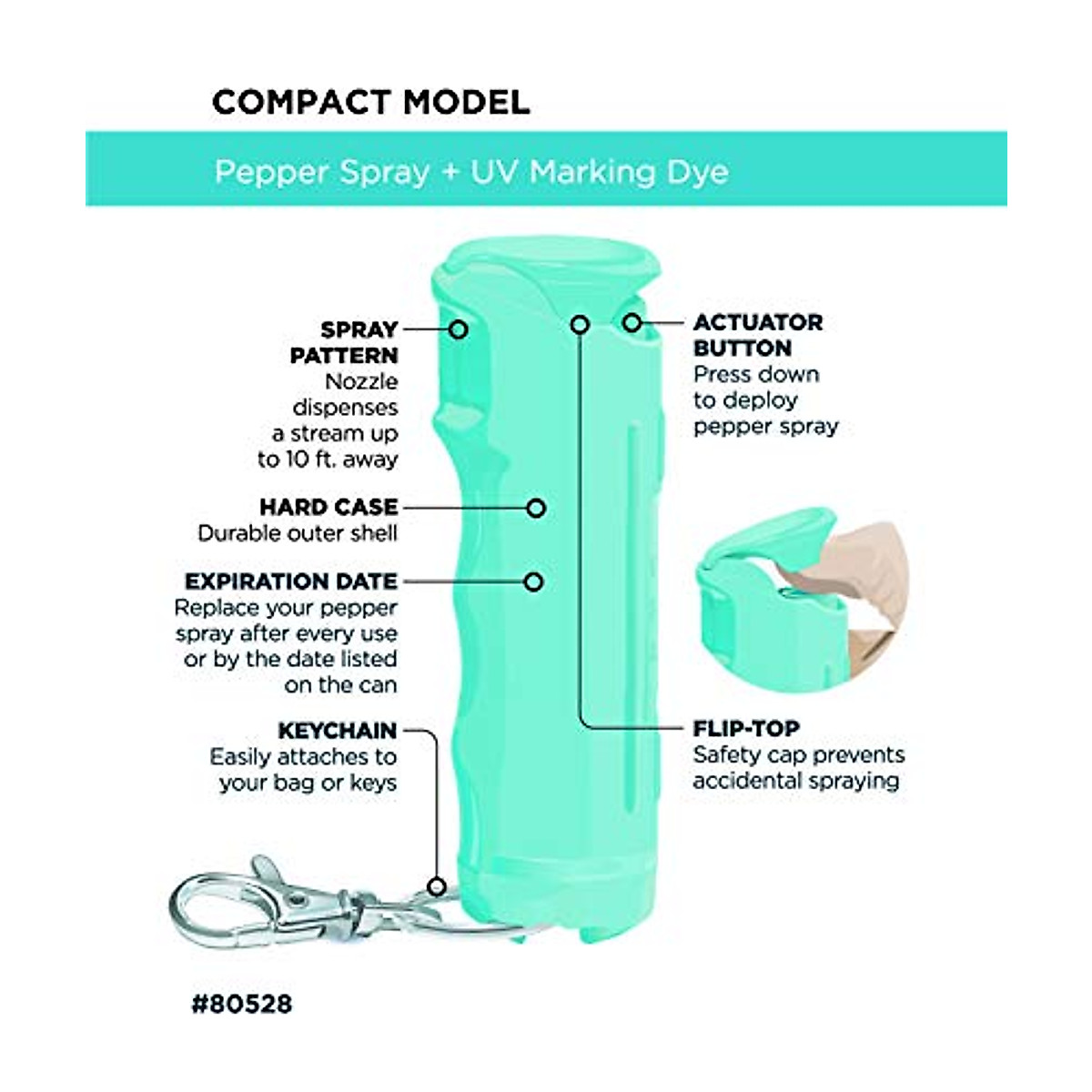 Kuros! by Mace Brand Pocket Pepper Spray (Teal) – 10’ Powerful Pepper Spray with Flip Top Safety Cap, Leaves UV Dye on Skin — Self Defense Pepper Spray for Women, Made in The USA