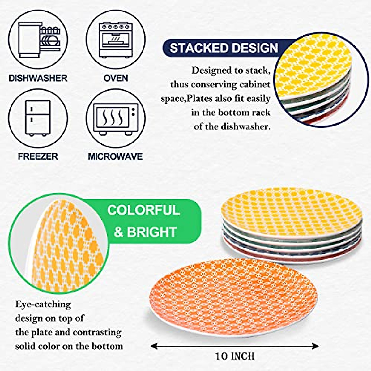 Delling Ceramic Dinner Plates Set, 10 Inch Colorful Dessert Plates/Salad Plates, Porcelain Serving Dishes, Scratch Resistant, Lead-Free - Microwave, Oven, and Dishwasher Safe - Set of 6