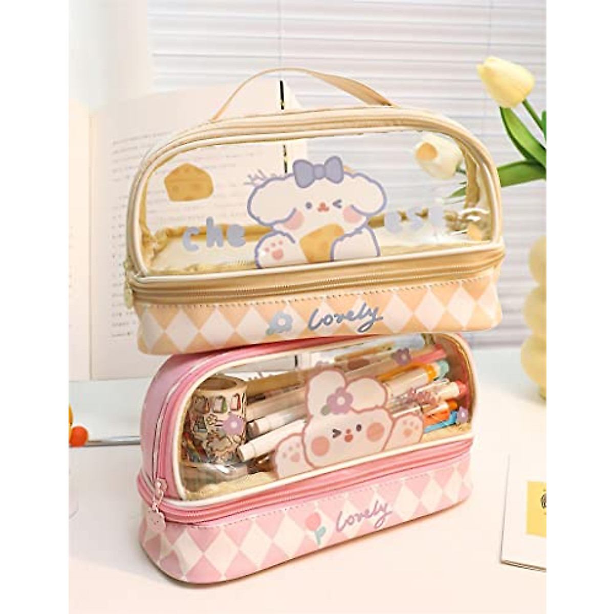 LaurelTree Kawaii Aesthetic Cute Pencil Case Bag Large Storage High Capacity Stationery with 2 Compartments Pouch Box Holder Organizer Office College School Adults Students Teens Girls Boys (Pink)…