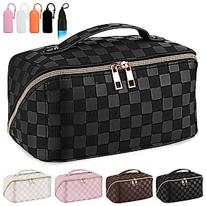 EVELOMO Large Capacity Travel Cosmetic Bag, PU Leather Waterproof Cosmetic Bag, Women Portable Travel Makeup Bag, Multifunctional Makeup Bag Organizer with 4 Silicone Leak Proof Sleeves (Black)