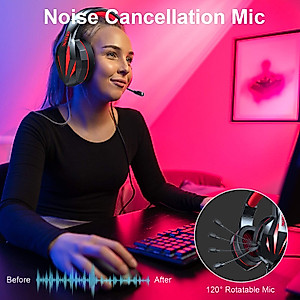 TYUOBOX Gaming Headset with Microphone for PS4, Xbox One, PC, Over Ear Headphones with Mic, Wire, Noise Cancelling LED Light, Bass Surround for Playstation Nintendo PS3 Games (Black Red)