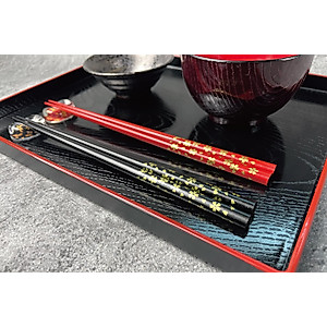 Premium Japanese Chopsticks Reusable with Chopsticks Rest Set of 2 Pairs[ Made in Japan ] Traditional Lacquer Art Wooden Chopsticks (Gold Flower BK/RD(MK018))