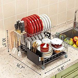 slhsy Dish Drying Rack, Stainless Steel 2-Tier Dish Rack with Cup Holder Utensil Holder Cutting Board Holder Knife Holder Drain Board for Kitchen Counter