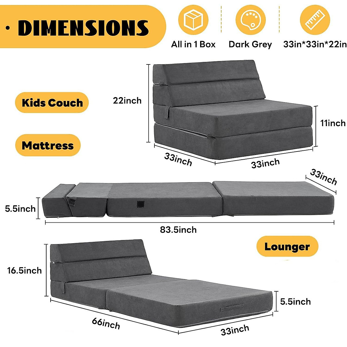 jela Sofa Bed Foldable Mattress Luxury Miss Fabric, Folding Sleeper Sofa Chair Bed Floor Mattress Floor Couch, Fold Out Couch Futon Mattress for Guest Room, Living Room (83"x33",Dark Gray)
