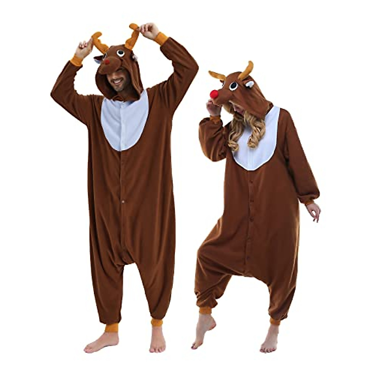 NEWCOSPLAY Unisex Adult Coffee Reindeer Onesie Plush One Piece Pajamas Christmas Costume(Small, Coffee Reindeer)