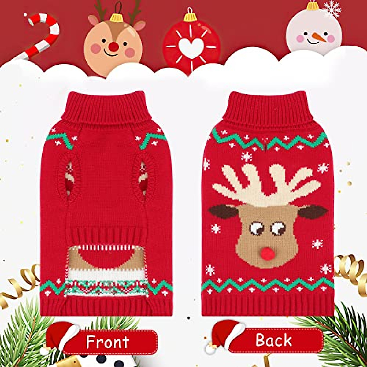HUMLANJ Christmas Dog Turtleneck Sweater Winter Reindeer Snowflake Sweater with Leash Hole Puppy Knitwear Pullover Holiday Sweaters for Small Medium Large Dogs