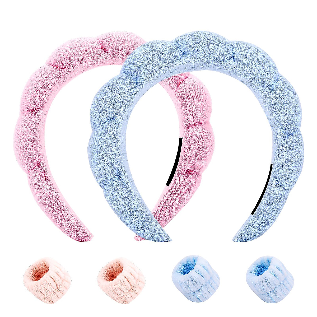 XBagSJ 2Pack SPA Headband for Washing Face, Puffy Headband, Face Wash Headband and Wrist Washband Set, Soft and Comfortable, Makeup, Shower, Skin Care headbands for Women Girls（Pink & Blue）