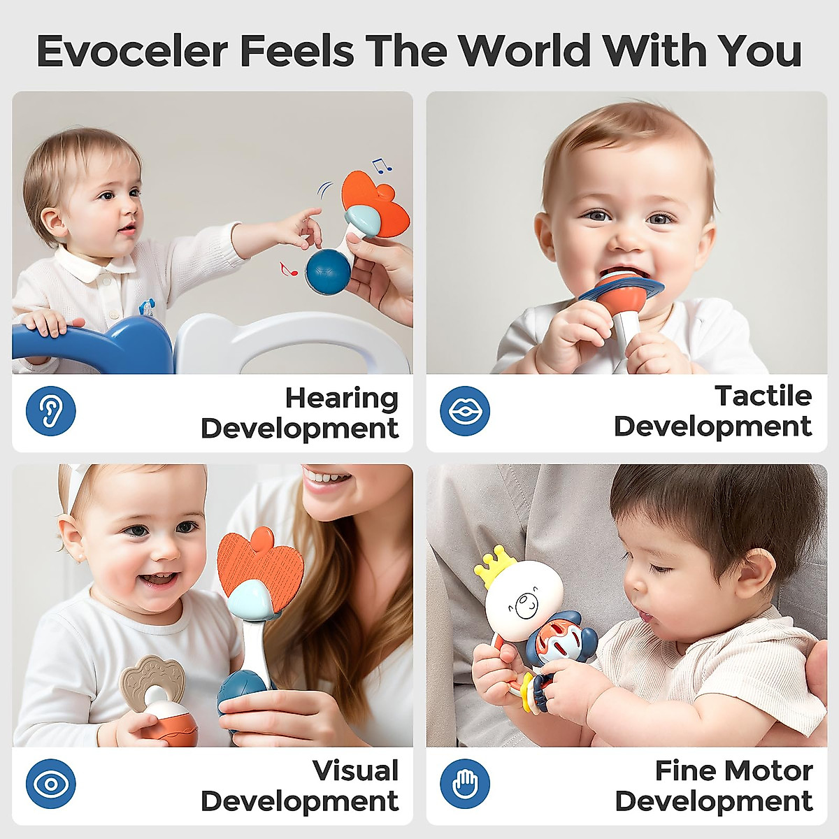 Evoceler Baby Rattles - 10 Pcs Food Grade Teething Toys 0-12 Months, Features Rattle Sound, Soft Baby Rattles 0-6 Months for Gums Soothing, Baby Teether Baby Shower Gifts with Storage Box