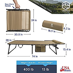 Coastrail Outdoor Folding Chaise Lounge Chair 28 inch Wide, 4 Position Recline Textilene Waterproof Patio Chaise with Pocket and Pillow for Beach,Tanning, Lawn, Supports 400lbs, Beige,X-Large