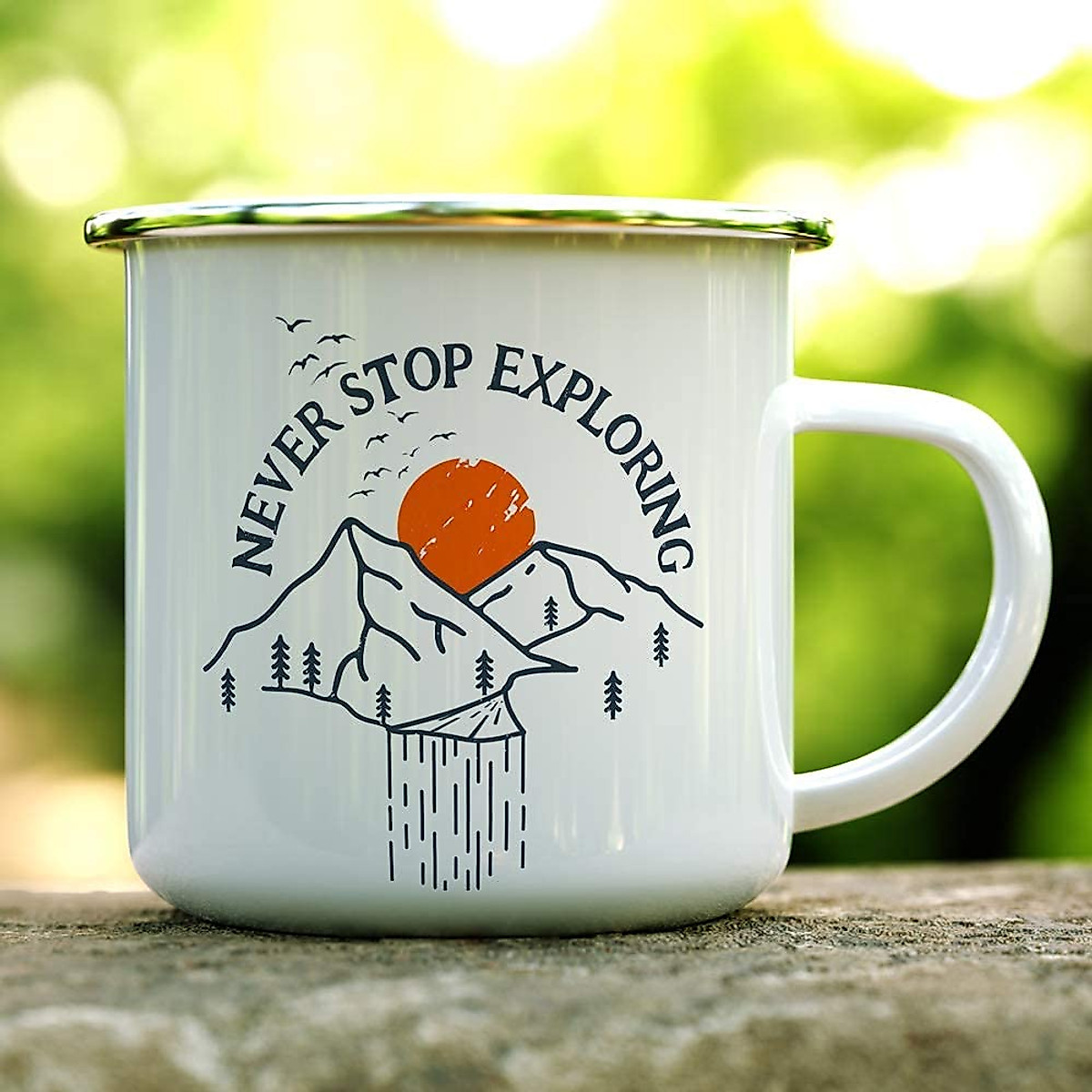 Never Stop Exploring Enamel Campfire Mug, Outdoor Enthusiast Camping Coffee Cup, Wanderlust Mountain Nature Hiking Camp Lover Gift (12oz)