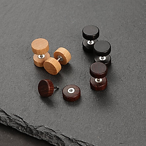 Charisma 10mm Wooden Vintage Stainless Steel Stud Earrings Ear Plugs Piercings Hypoallergenic Screw 3 Pairs