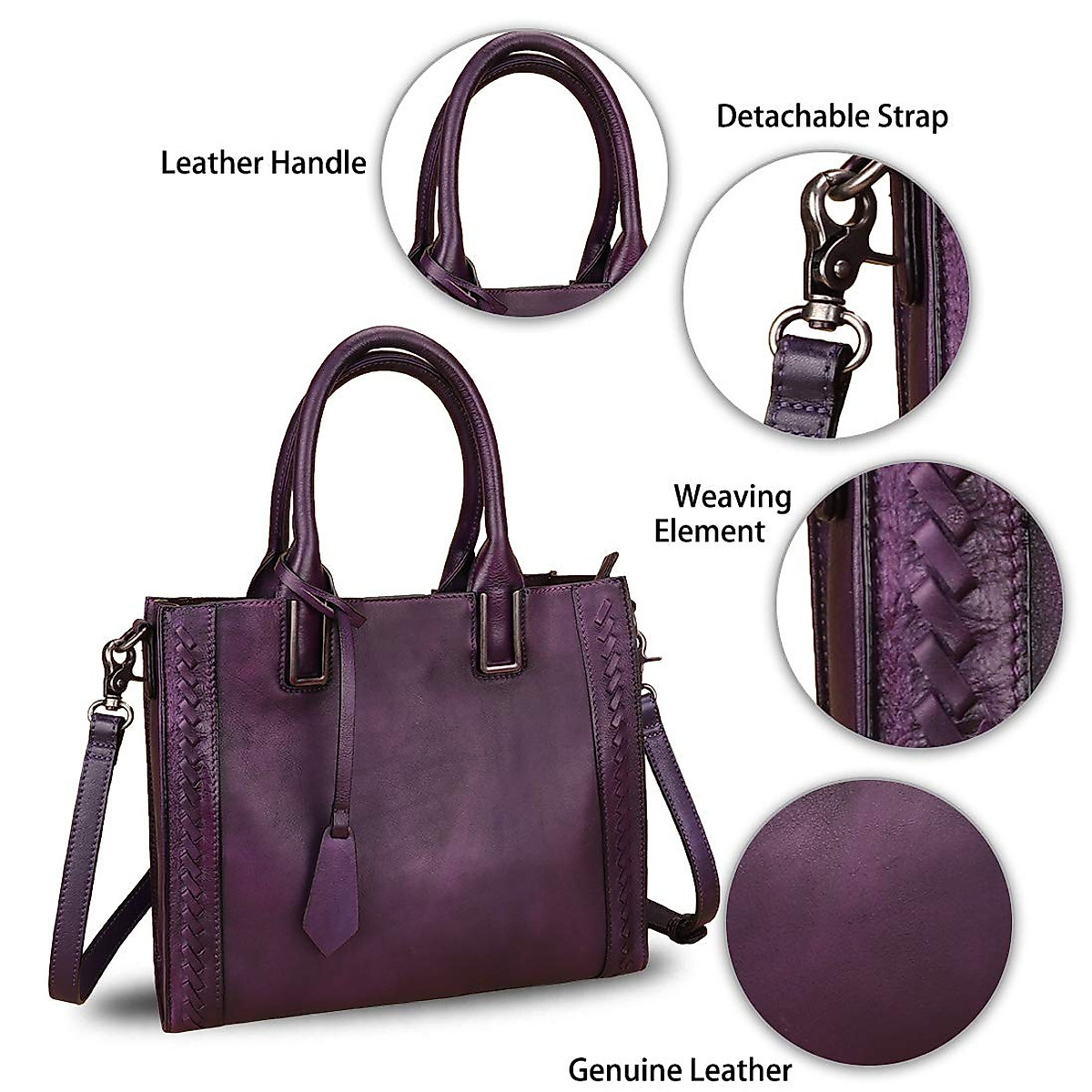 Genuine Leather Satchel Handbag for Women Vintage Handmade Shoulder Bag Cowhide Tote Purse (Purple)