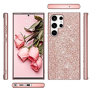YINLAI Case for Samsung Galaxy S23 Ultra Case, 6.8 Inch Glitter Bling Sparkly Shiny Slim Women Girls Hybrid Soft Smooth Shockproof Protective Girly Phone Cases Cover, Rose Gold/Pink
