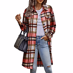 PRETTYGARDEN Women's Plaid Shacket 2025 Long Sleeve Button Up Flannel Shirt Winter Tartan Jacket Woolen Coats (Red,X-Large)
