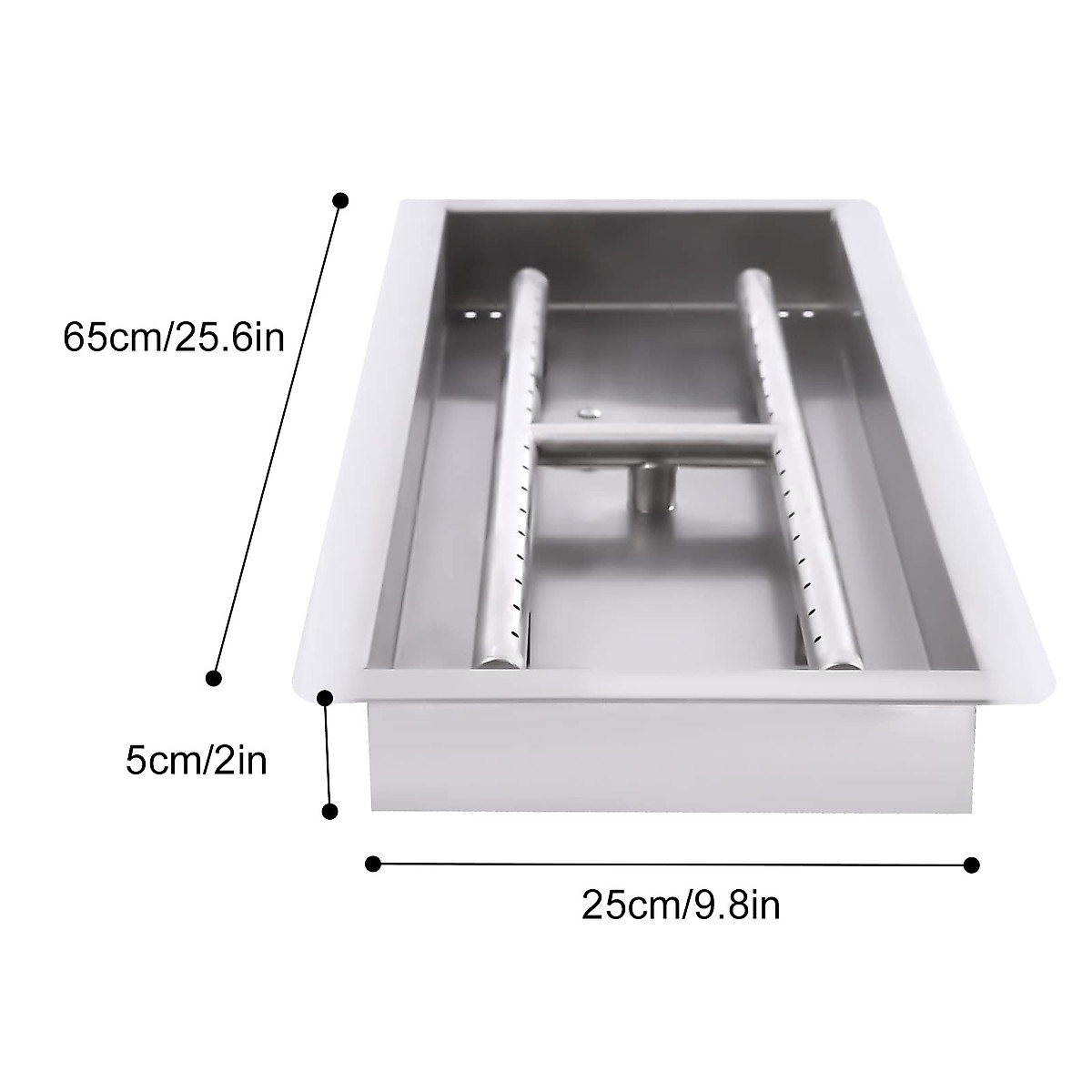 Rectangular Drop-in Fire Pit Pan Stainless Steel Built-in Fire Pit Burner Fire Table Insert Natural Gas H-Shape Burner for Indoor Outdoor Picnics,1/2'' NPT,90000 BTU(25.6 * 9.8 * 2in)