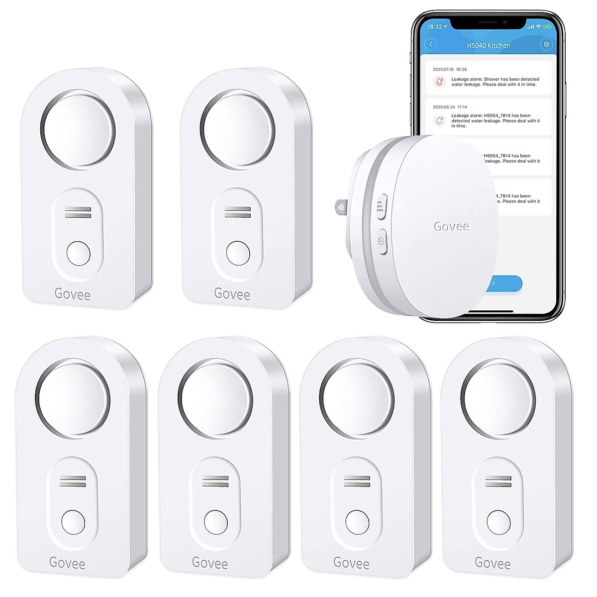 Govee Water Detectors 5 Pack, 100dB Adjustable Audio Alarm Sensor Bundle with Govee WiFi Water Sensor, 100dB Adjustable Audio Alarm
