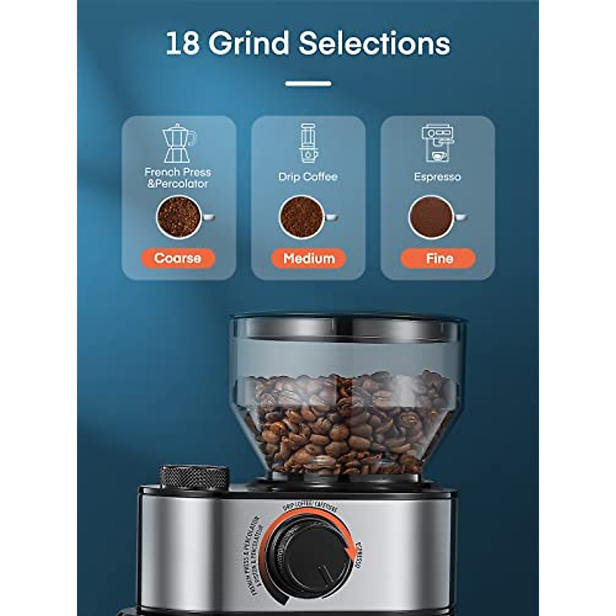 Electric Burr Coffee Grinder, FOHERE Coffee Bean Grinder with 18 Precise Grind Settings, 2-14 Cup for Drip, Percolator, French Press, Espresso and Turkish Electric Coffee Makers, Black