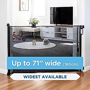 Retractable Baby Gate Perma Child Safety 41" Tall x 71” Wide, Mesh, For Stairs, Doorways, Dogs, Pets, Indoor, Outdoor, One-Handed Operation, Locking, Easy Install, Hardware Mount, Black