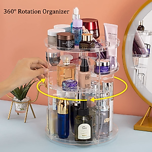 Argox 360° Rotating Makeup Organizer, Skincare Storage Box, Cosmetic Display Case with Brush Holder Perfume Tray, Multifunctional Rotating Rack Suitable for Dressing Tables and Bathroom Countertops