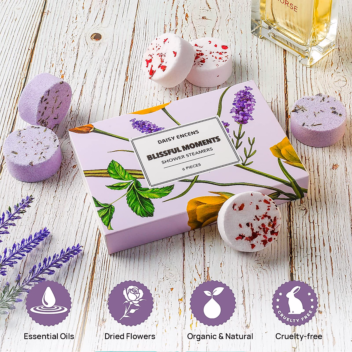 DAISY ENCENS Aromatherapy Shower Steamers for Home Spa Relaxation, 6 Pack Shower Bath Bombs with Pure Essential Oils, Moisturizes Skin, Self Care and Pampering Gifts for Her, Lavender, Rose