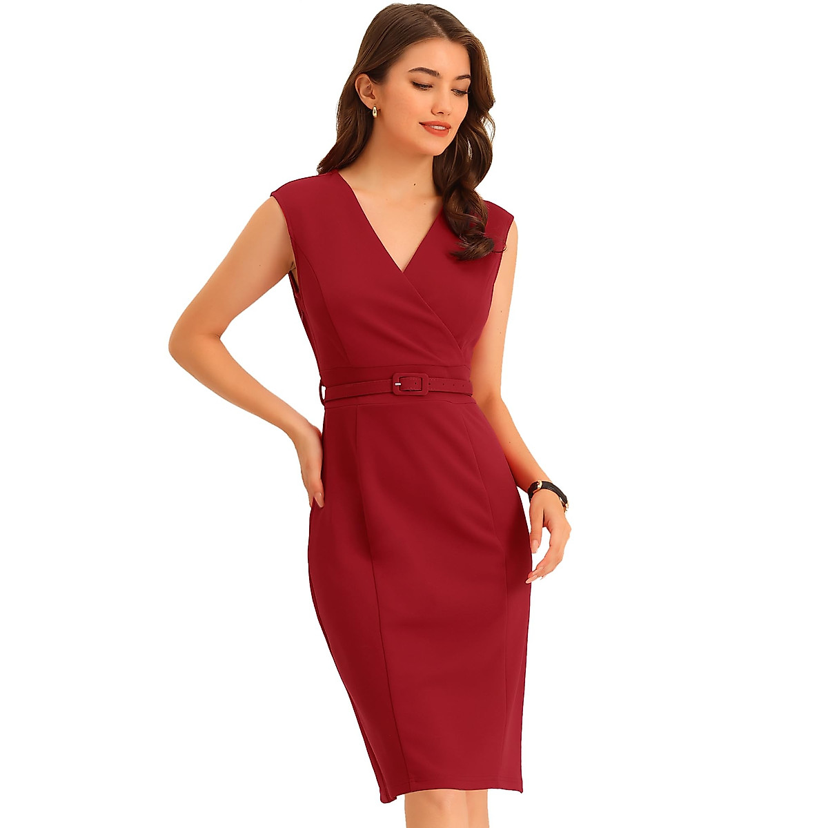 Allegra K Sheath Dress for Women's Sleeveless V Neck Business Office Belt Pencil Dresses X-Small Red