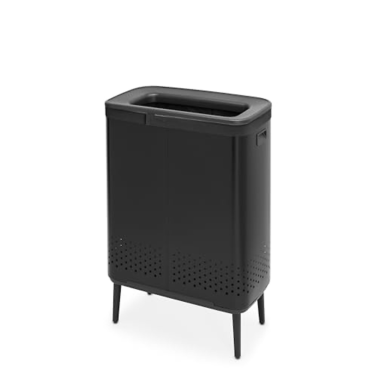 Brabantia Bo Laundry Hamper Hi (Matt Black) 2 Compartment Removable Laundry Bag 2 x 12 Gal, Ventilated Stylish Dirty Clothes Holder, Flat Back, Off-the Ground, Anti-Rust Materials for Bathroom Use