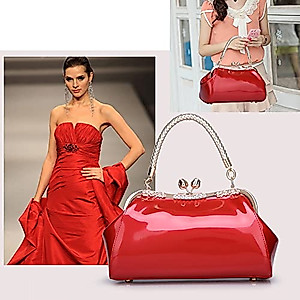 ZiMing Shiny Patent Leather Handbags Women Vintage Kiss Lock Tote Bags with Metal Top Handle Purses Evening Handbag Satchel Shoulder Bag Crossbody Bag with Long Shoulder Straps-Red