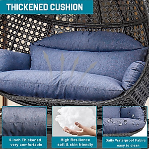 2 Person Swing Chair with Stand, X-Large Wicker Rattan Hanging Egg Chair Loveseat Chair with Cushion and Cover for Indoor Outdoor Bedroom Patio Garden (Black Frame + Dusty Blue Cushion)