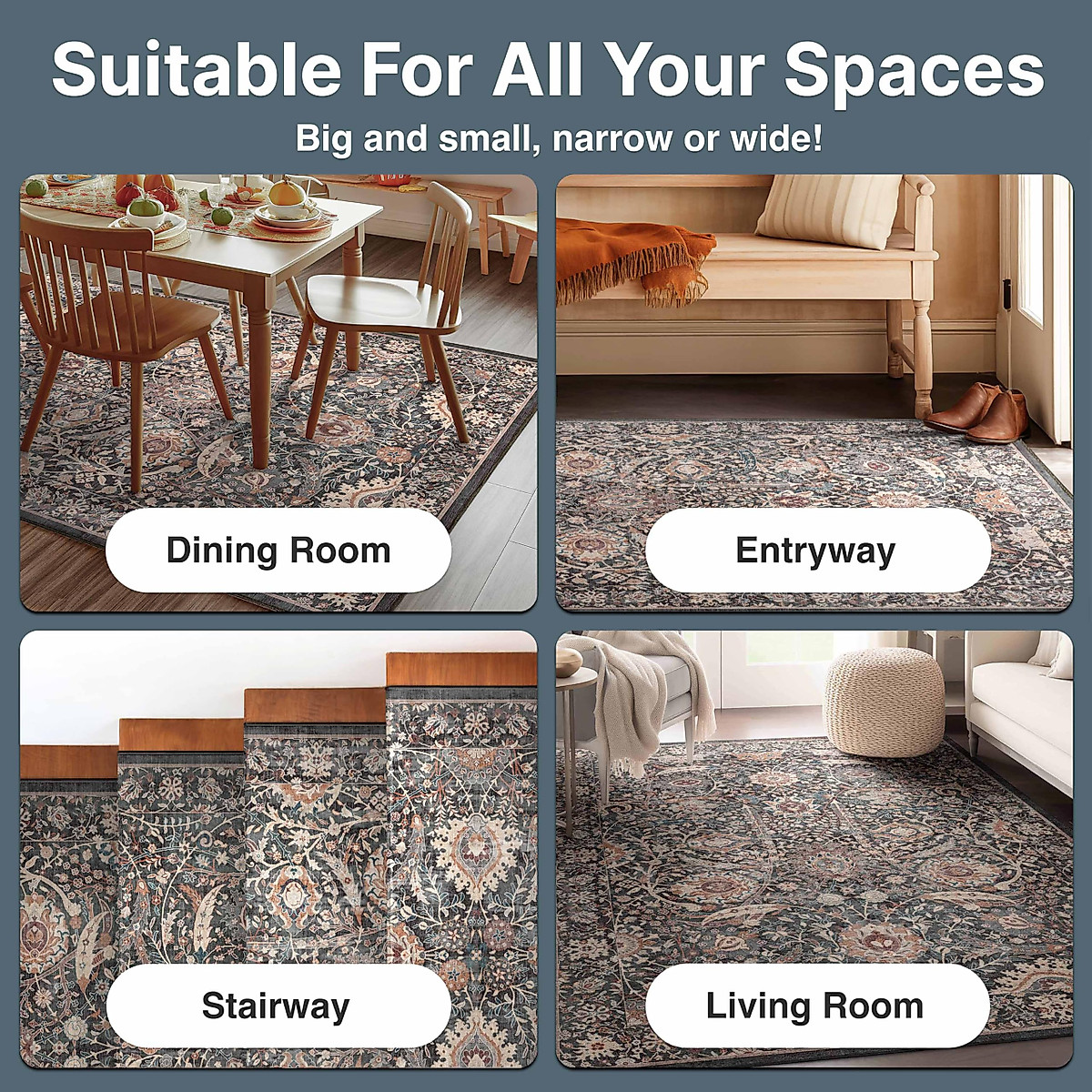 Well Woven Asha Collection Elegant Charcoal Grey Oriental 6x9 Rug Perfect for Living Room Dining Room or Bedroom Ideal for High-Traffic Areas with Vintage-Inspired Low Pile