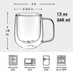 vzaahu Double Wall Coffee Mugs with Handle [2-Pack,12 Oz] Glasses Espresso Cups Clear Glass Coffee Mug Set for Cappuccino Tea Latte Beverage, Glasses Heat Resistant Dishwasher Microwave Safe