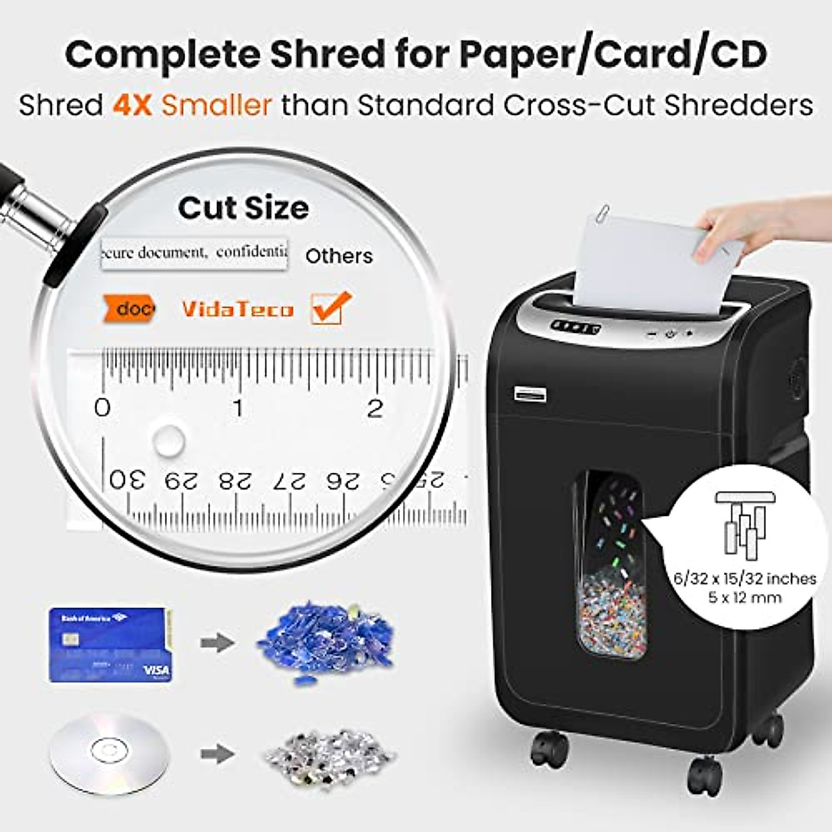 Paper Shredder for Home Office with US Patented Blade,VidaTeco 18-Sheet 60 Mins Running Micro Cut Paper Shredder for Home Use Heavy Duty,Shred CD/Card with 7.9-Gal Extra Large Bin,AUTO Jam Proof(ETL)