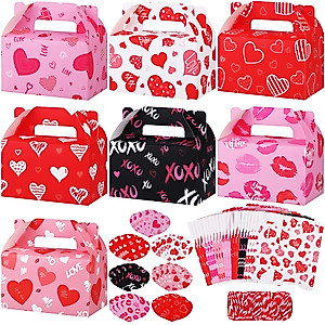 MIMIND 28 Pack Valentine Day Treat Boxes with Heart Tags and Twine 7 Styles Valentines Heart Print Cookie Boxes Party Favor Boxes for Valentines Day Wedding Birthday Party Supplies Decorations