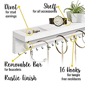 Rustic White Necklace Jewelry Organizer - Wall Mount Jewelry Holder - Mounted Hanging Jewelry Storage Hooks for Necklace, Earrings, and Rings - Farmhouse Wood Decor Bedroom Boho Shelf Rack
