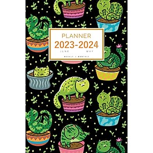 Planner 2023-2024: 6x9 Weekly and Monthly Organizer from June 2023 to May 2024 | Cute Flowerpot Cat Cactus Design Black