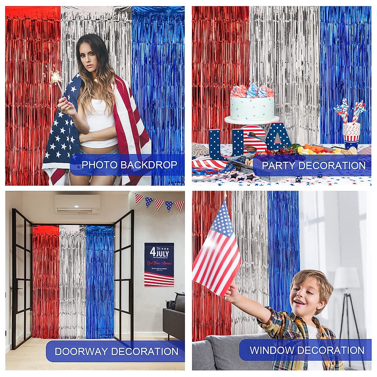 LOLStar 4th of July Decorations,Red White Blue 3 Pack America Tinsel Foil Fringe Curtains,4th of July Photo Booth Prop Streamer Backdrop for Independence Day,Memorial Day,Labor Day Patriotic Party