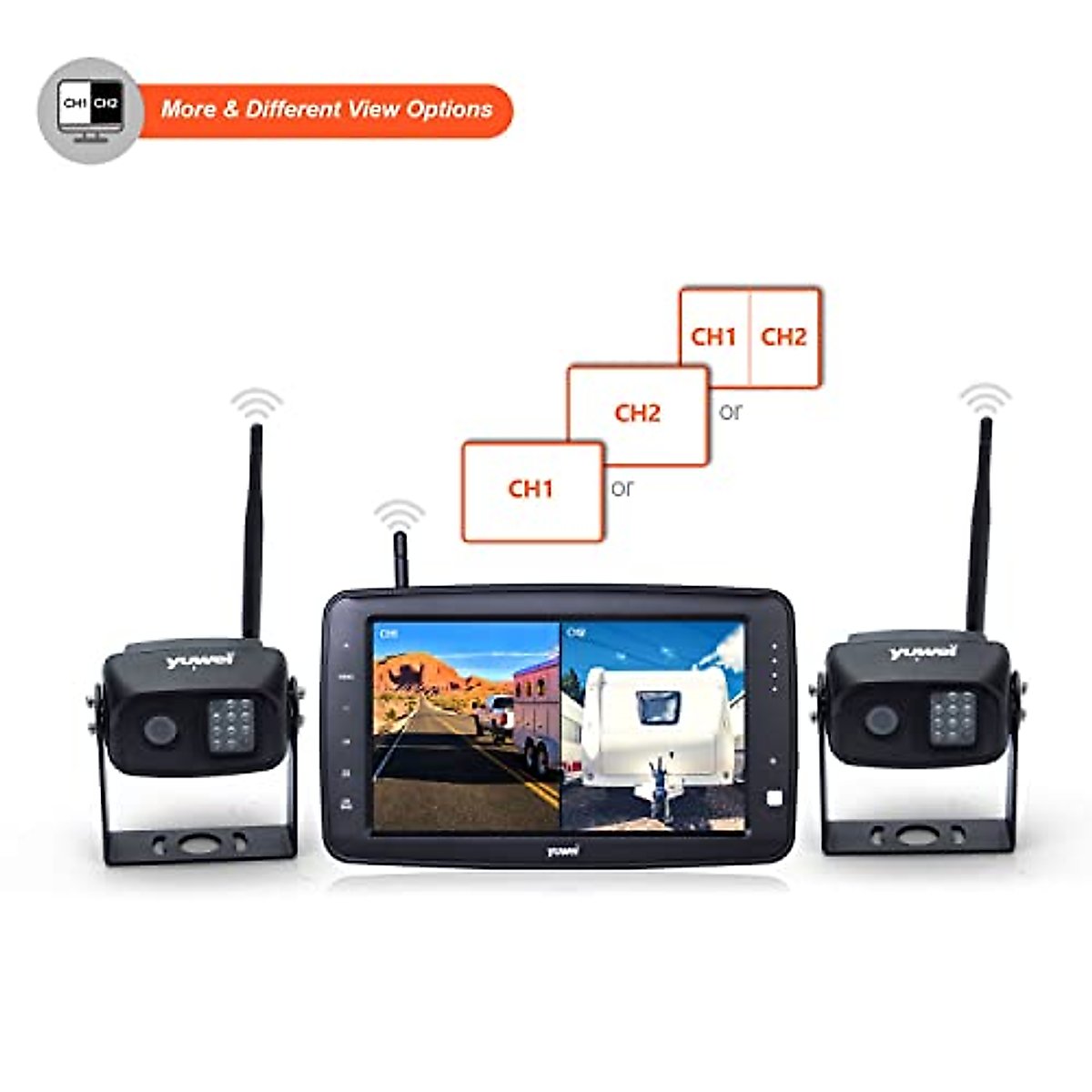 Wireless Backup Camera System with 7 inch Splitscreen, Waterproof Wireless Rear View Camera with Night Vision, Support add 2nd Wireless Reversing Camera for Trailer, RV, Trucks, Horse-Trailer, etc