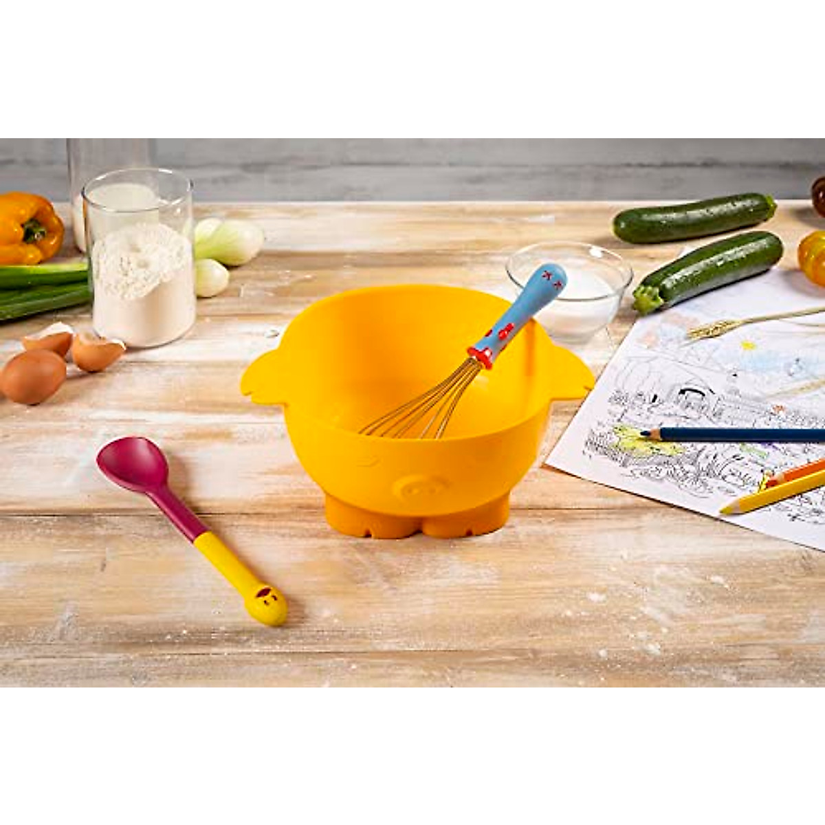 Kuhn Rikon Kinderkitchen Kids Mixing Set | Pig Mixing Bowl, Rooster Whisk & Goose Stirring Spoon | Child-Friendly Kitchen Tools for Real Cooking