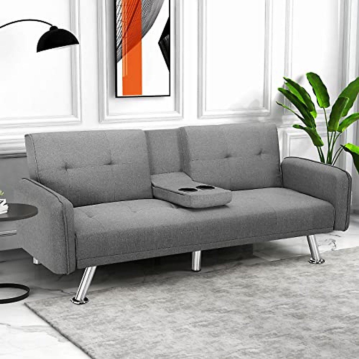 IULULU Futon Sofa Bed, Convertible Couch with 2 Cup Holders, Loveseat with Armrest for Studio, Apartment, Office, Living Room, Light Grey