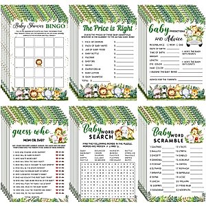 Jetec 302 Pcs Safari Animal Theme Baby Shower Games, 6 Games, 50 Sheets Each, Baby Shower Bingo, Baby Word Scramble, Baby Word Search, Baby Predictions and Advice, The Price is Right, Guess Who