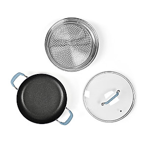 Granitestone Nonstick Everyday Pan Stir Fry Pan Multi-Purpose Pan 3 Piece Set with Tempered Glass Lid & Stainless-Steel Steamer, 5.5 Qt, Dishwasher Safe - 100% PFOA FREE, Turquoise