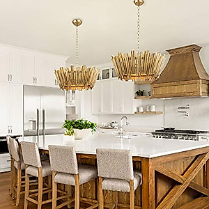 Gold Chandelier, Modern Farmhouse Chandelier, Dining Room Lighting Fixtures Hanging with Wood Framework and Gold Finish, Chandeliers for Dining Rooms, Kitchen, Foyer, Living Room, 20" D x 8" H