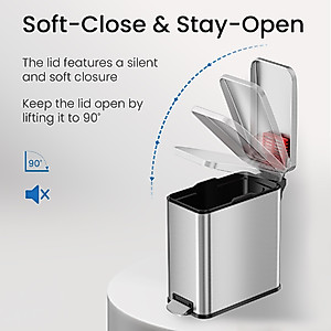iTouchless SoftStep 3 Gallon Small Slim Step Pedal Bathroom Trash Can, AbsorbX Odor Control System, Removable Inner Bucket, Fingerprint-Proof Stainless Steel Wastebasket, Restroom, Office, Tight Space