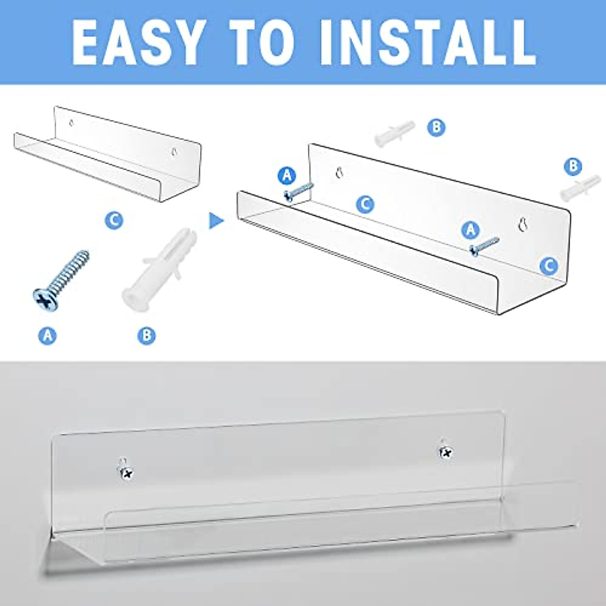 8 Packs 15 Inch Invisible Acrylic Floating Wall Shelf Wall Mounted Nursery Kids Bookshelf Display Shelves Toy Storage Wall Shelf Storage Shelves Display Organizer (Clear)