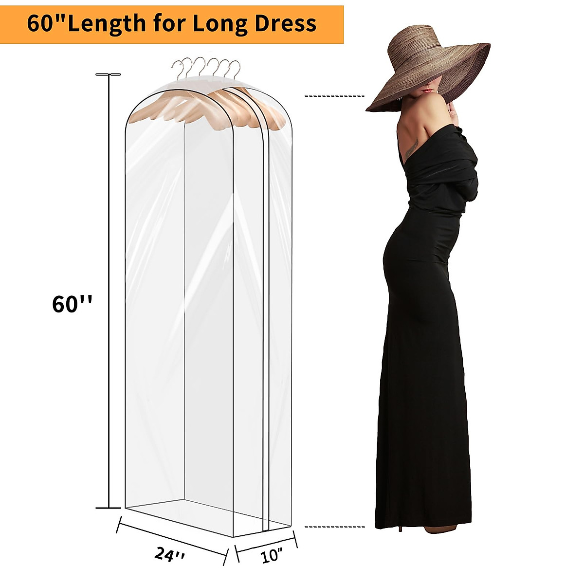 Peyorom 10" Gusseted Dress Garment Bags for Hanging Clothes, 60" All Clear Long Garment Bags for Gowns, Long Dress Bag for Closet Storage, Foldable Dress Cover, 2 Pack