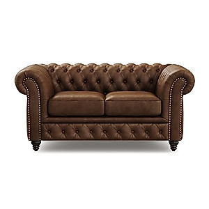 Valencia Parma Chesterfield Loveseat 64" | Premium Full-Aniline Leather | Mid-Century Accent Chair with Classic Button Tufted Back and Wood Legs for Living Room, Chocolate