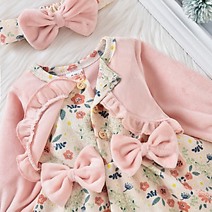 Sasaerucure Infant Newborn Baby Girls Fall Winter Corduroy Dress Long Sleeve Romper Ruffle Floral Bodysuit Fluffy Cardigan Set (Pink, 0-3 Months)
